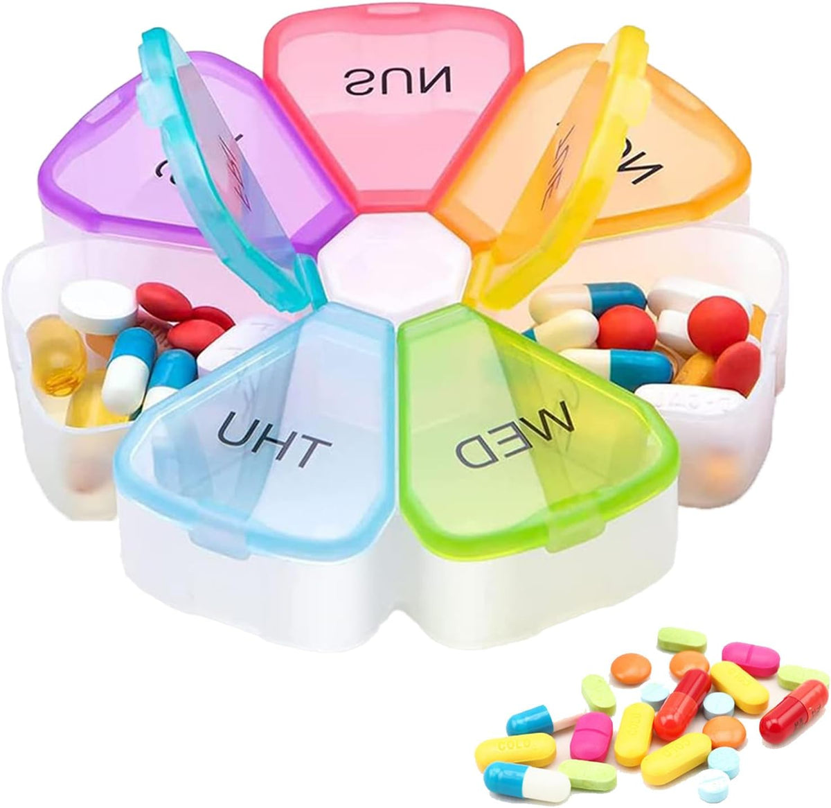 Portable Rainbow Colored Weekly Pill Box and Tablet Dispenser